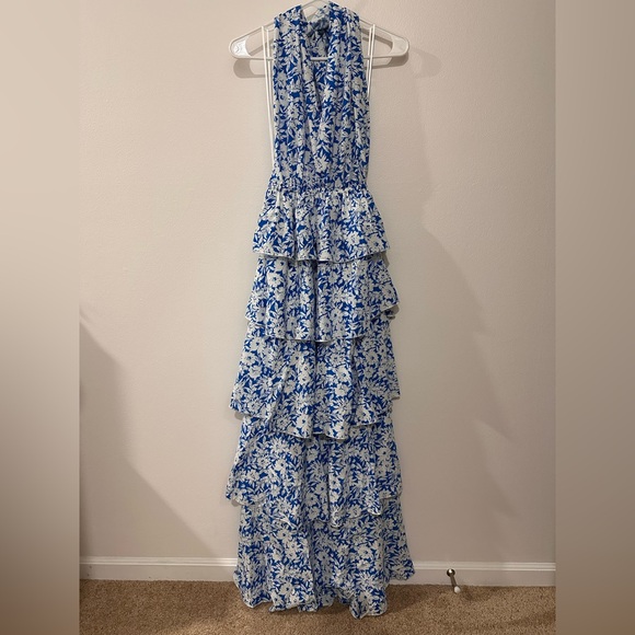 Aakaa | Dresses | Aakaa Blue And White Convertible Ruffle Floral Maxi ...
